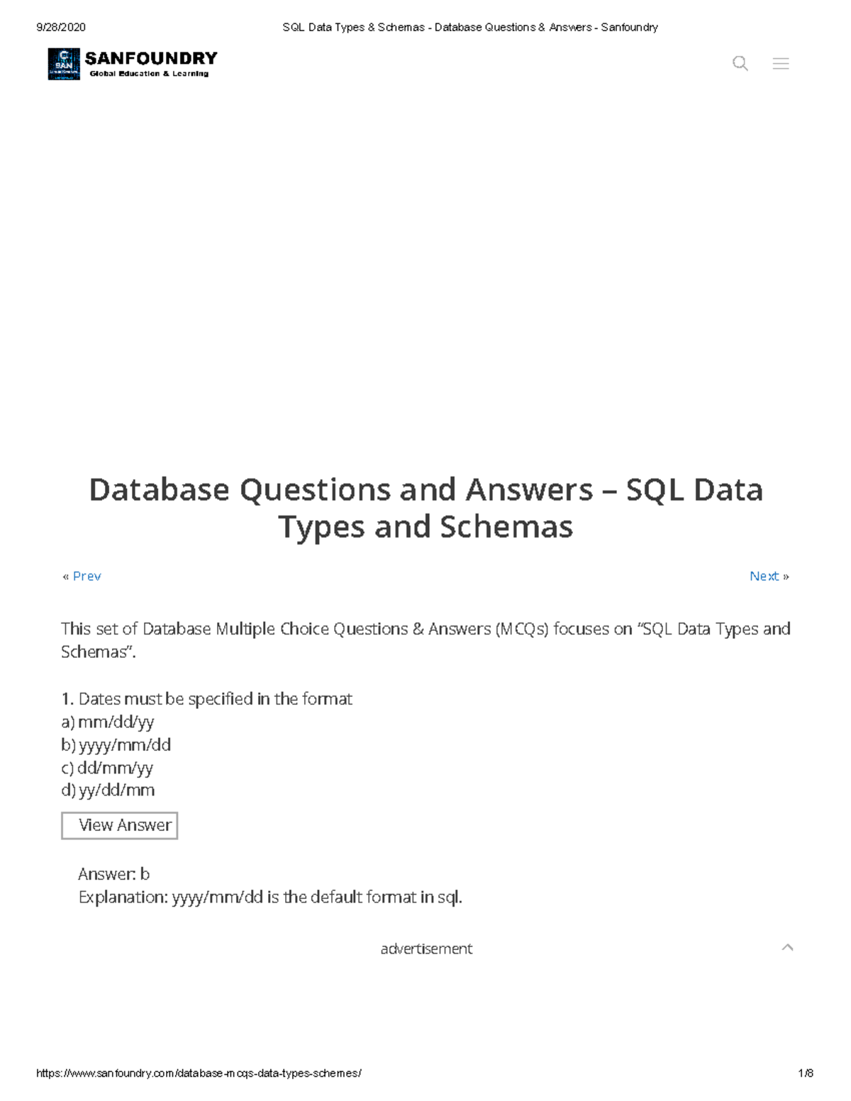 SQL Data Types & Schemas - Database Questions & Answers - Sanfoundry - « Prev Next » Database ...
