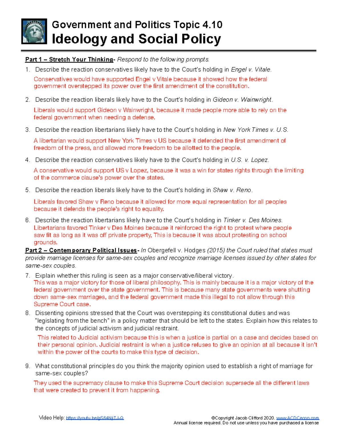 Government & Politics 4.10 Worksheet: Ideology & Social Policy Analysis ...
