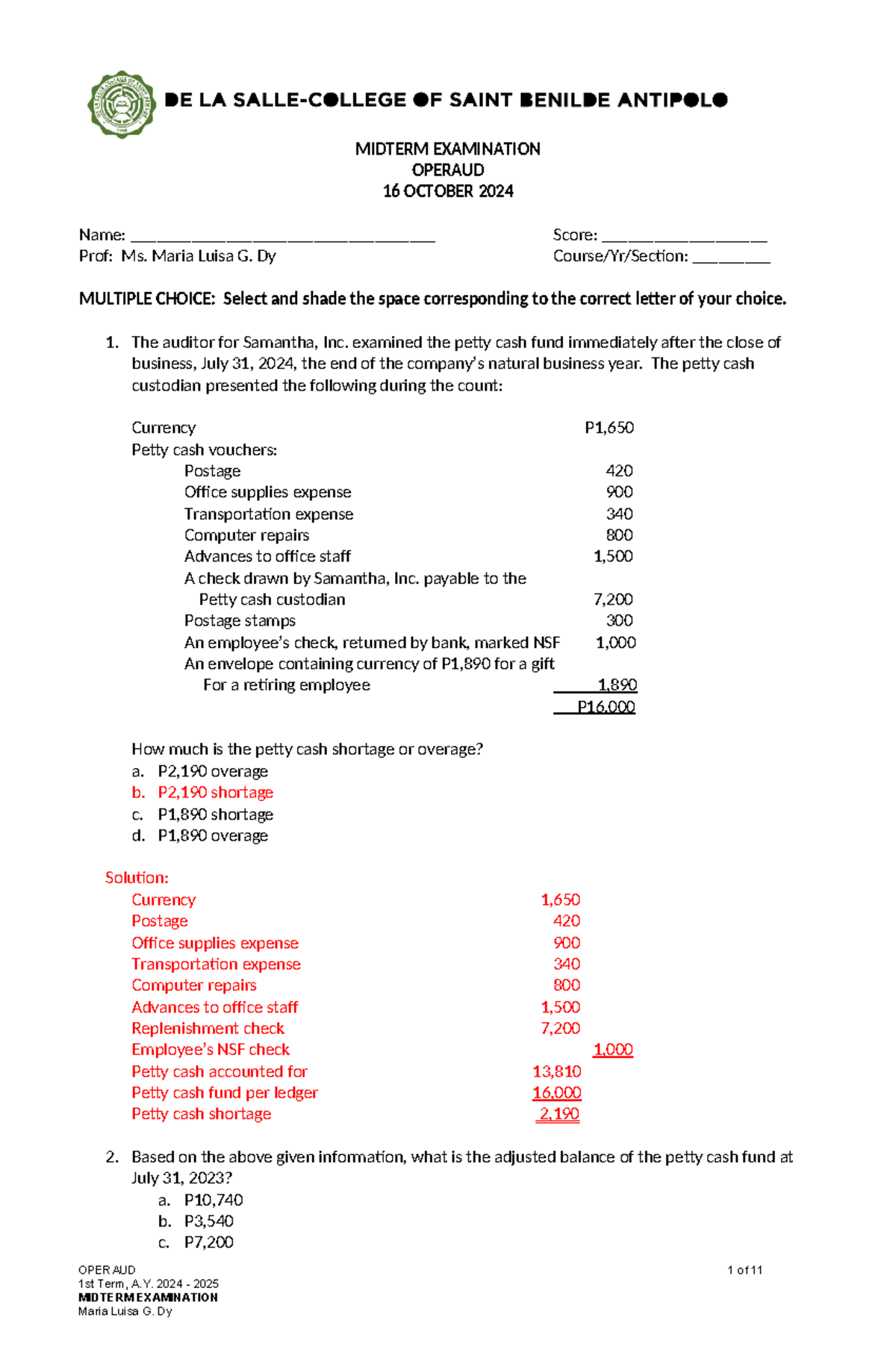 Operaud Midterm Exam Answers (A.Y. 2024-2025) - Studocu