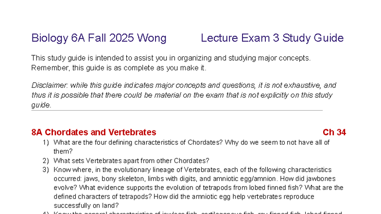 BIOL 6A Fall 2025 Wong Lecture Exam 3 Comprehensive Study Guide - Studocu