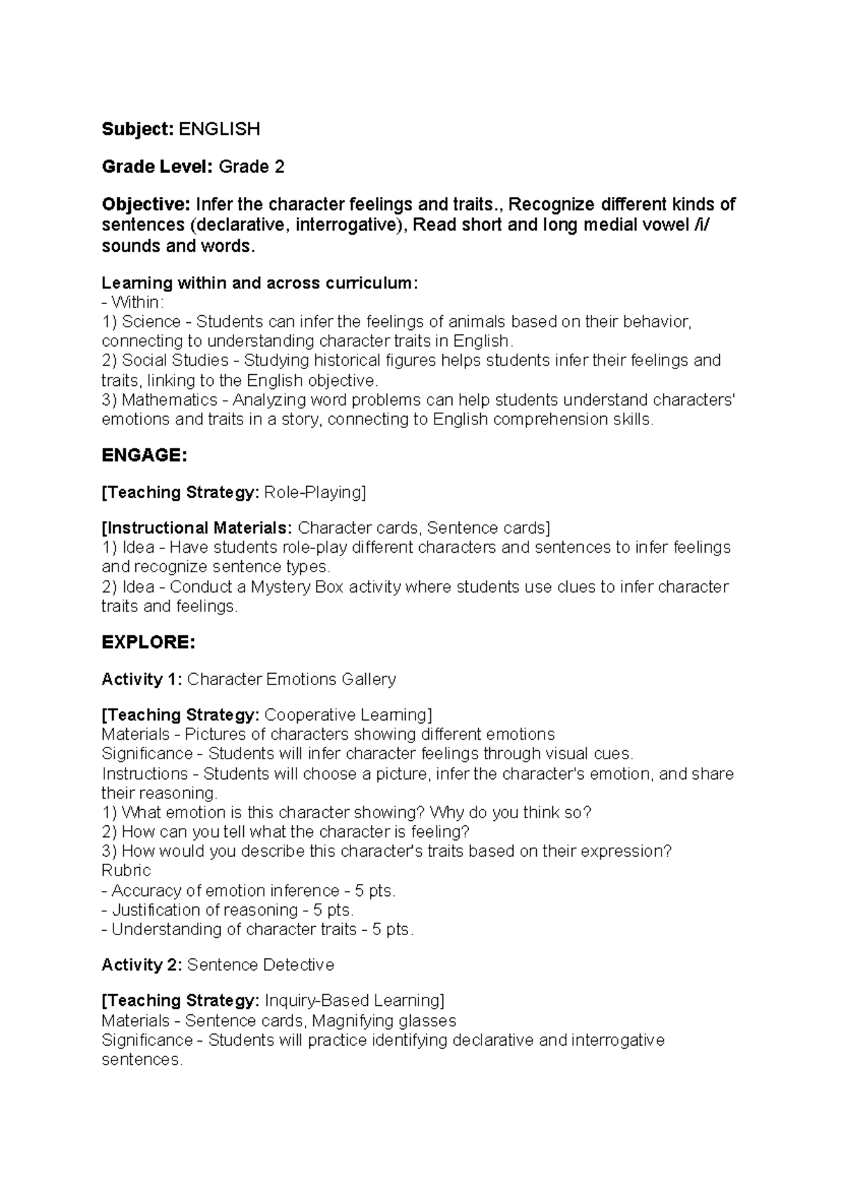 Lesson Plan: Inferring Character Traits and Understanding Sentences ...