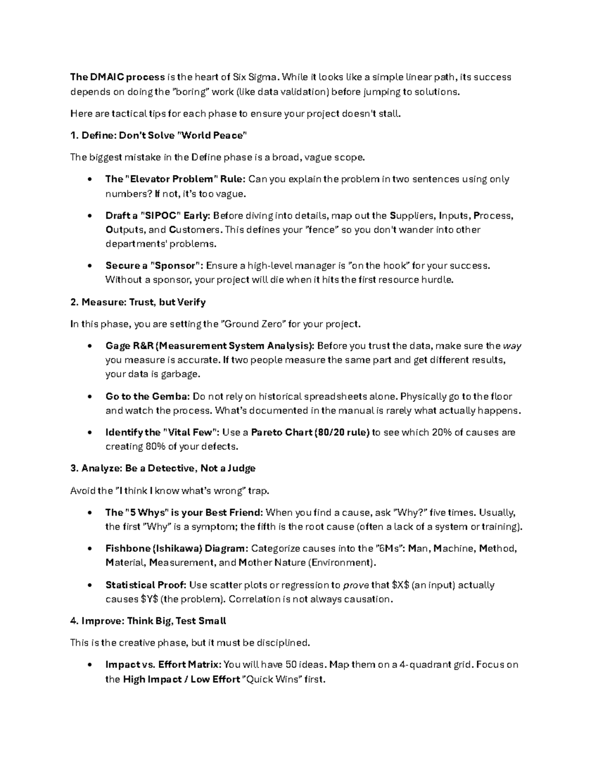 DMAIC Process: Essential Tips and Notes for Six Sigma Success - Studocu