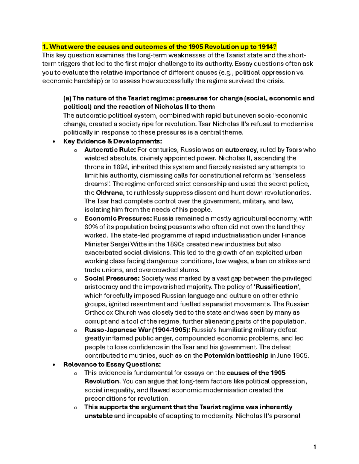 History Russia Detailed Notes: Causes and Outcomes of the 1905 & 1917 ...