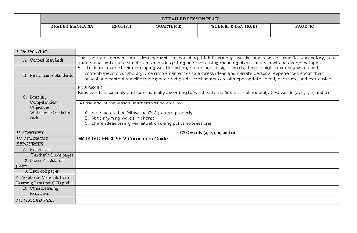 DLP English 2 Q2W1 Day 1: Detailed Lesson Plan Overview - Studocu
