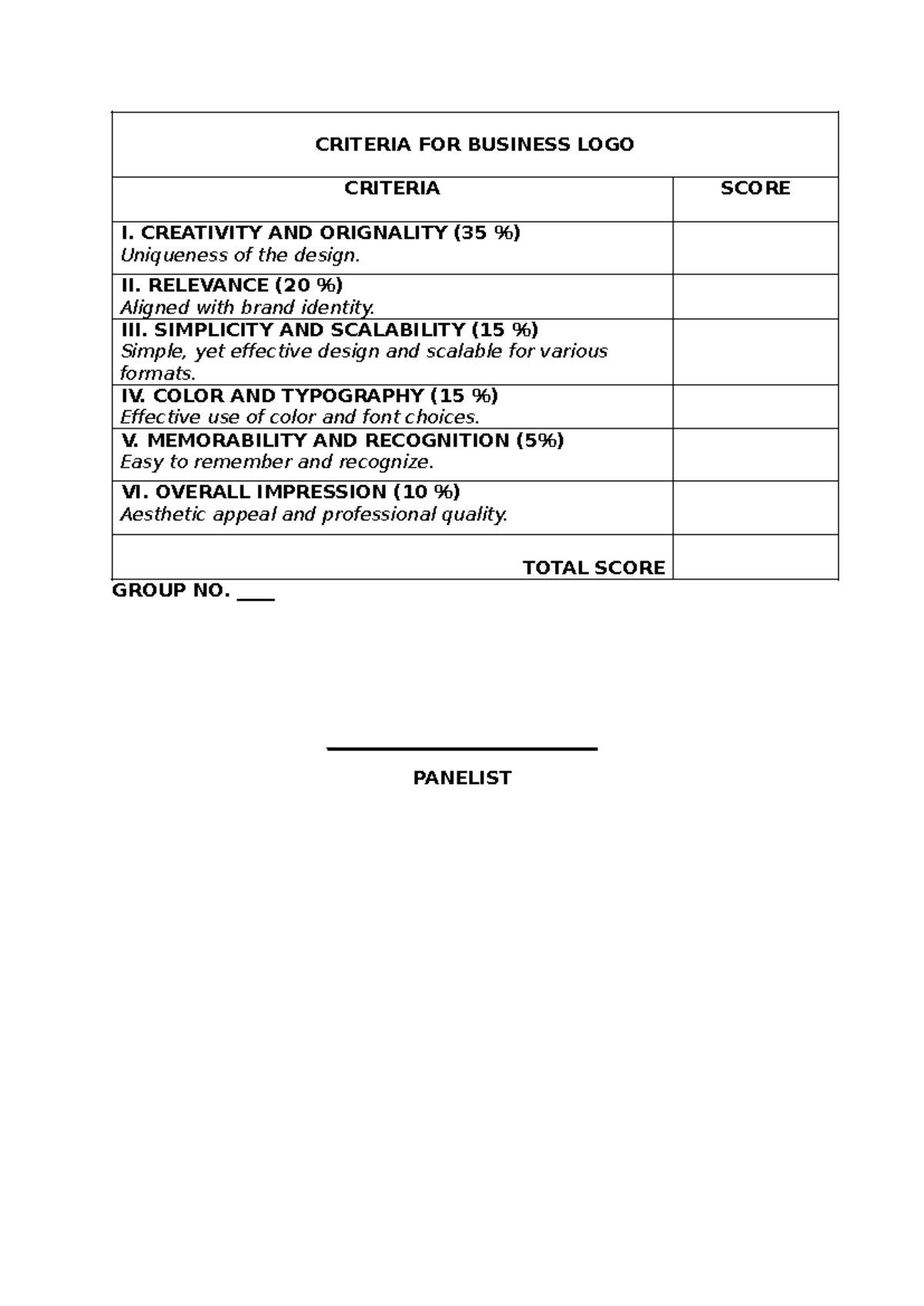 Criteria FOR Business LOGO - CRITERIA FOR BUSINESS LOGO CRITERIA SCORE ...