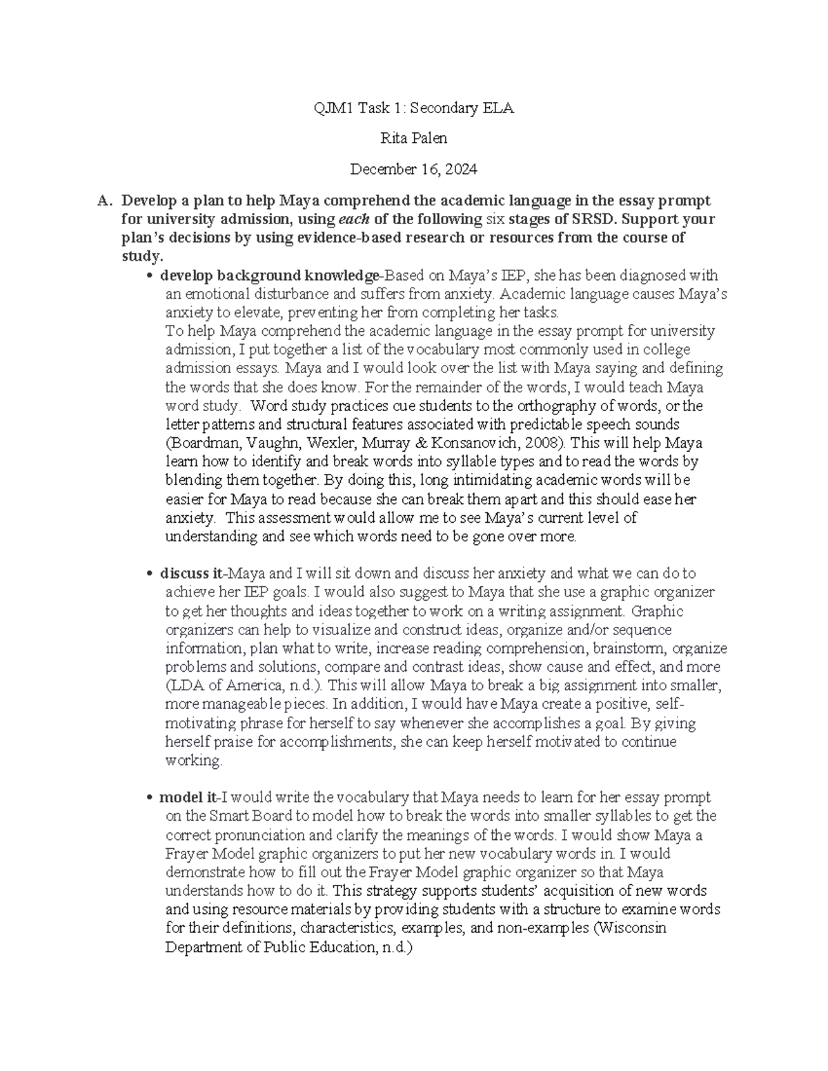 QJM1 Task 1: Supporting Maya's Comprehension & Essay Writing - Studocu