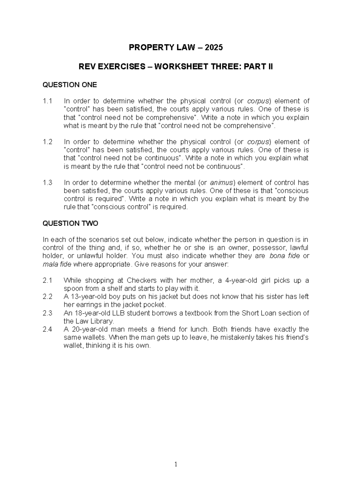 PROPERTY LAW 2025 REVISION EXERCISES WORKSHEET 3: PART II - Studocu
