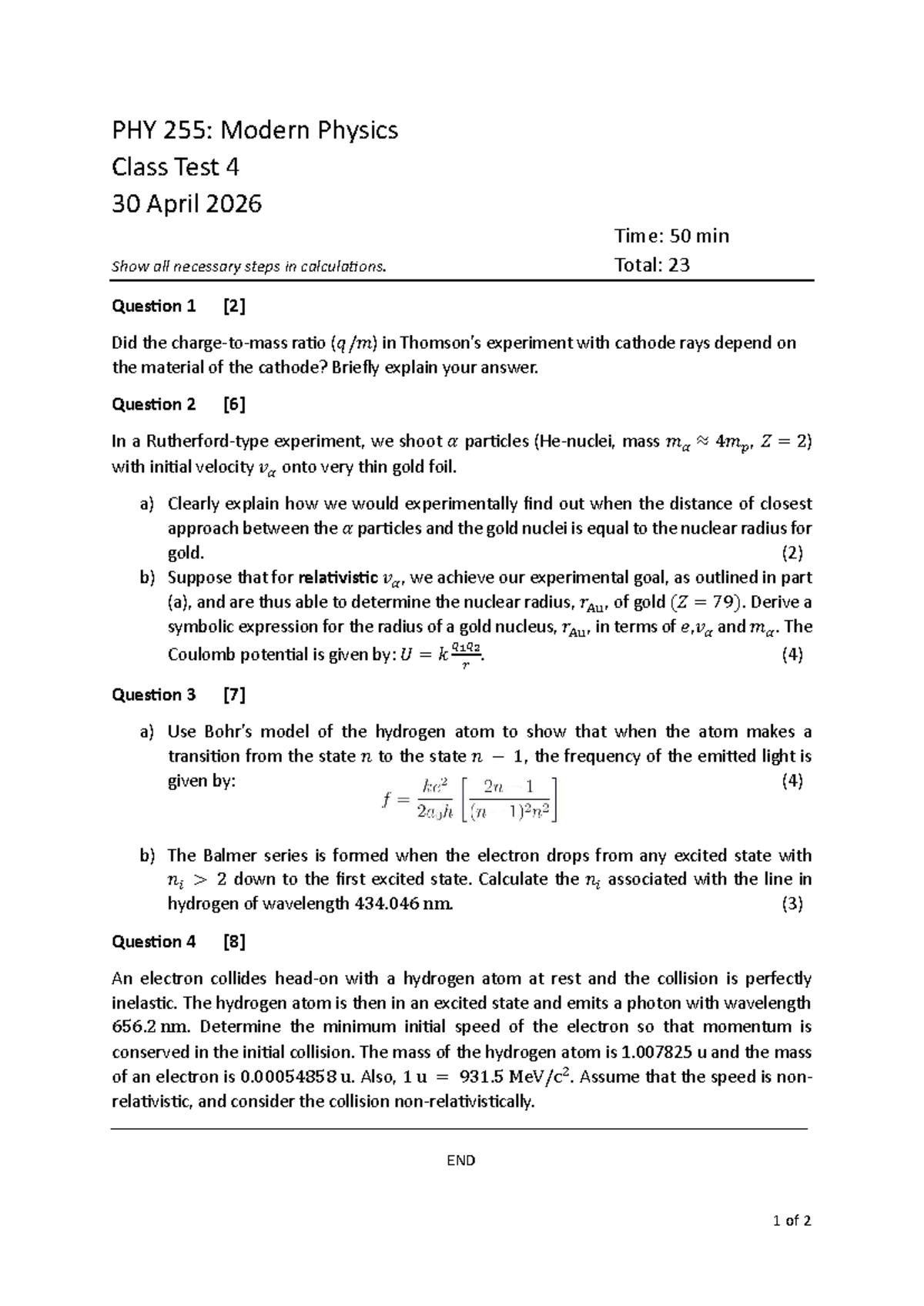 PHY 255: Modern Physics Class Test 4 - April 30, 2026 - Studocu