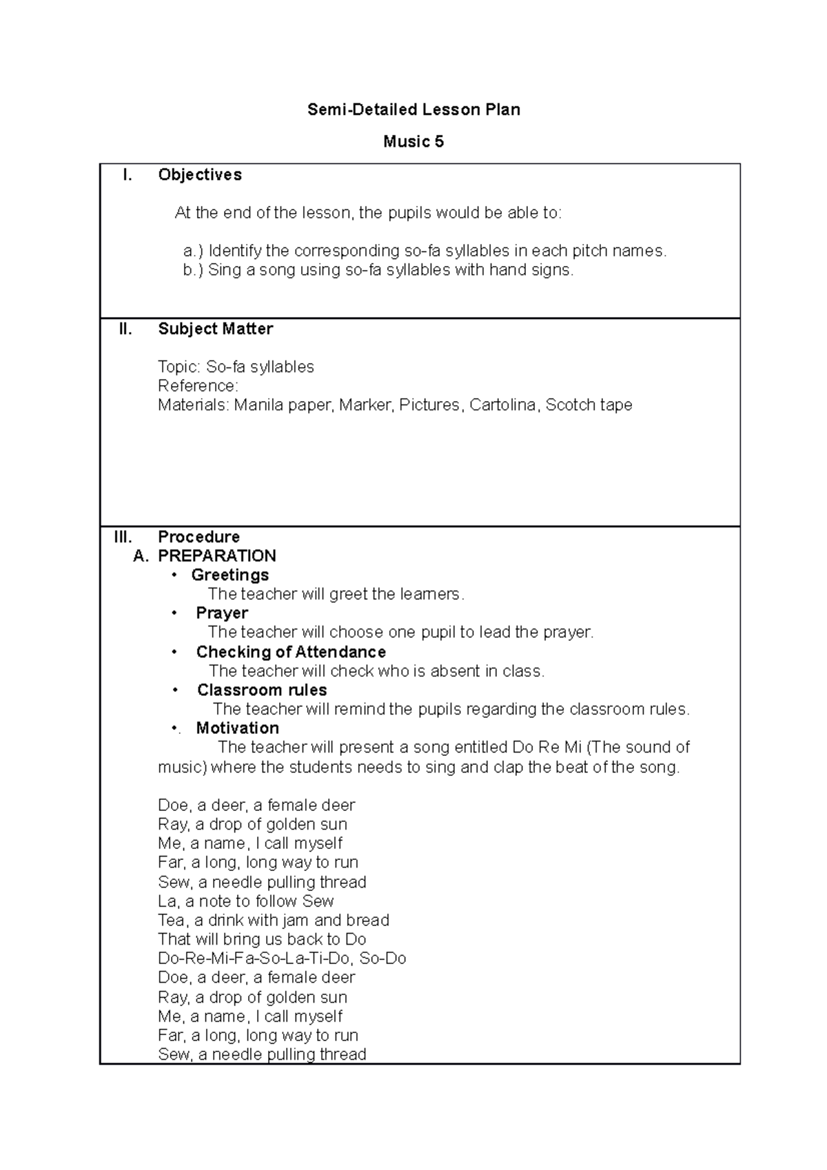 Music 101: Semi-Detailed Lesson Plan on So-Fa Syllables for Music 5 ...