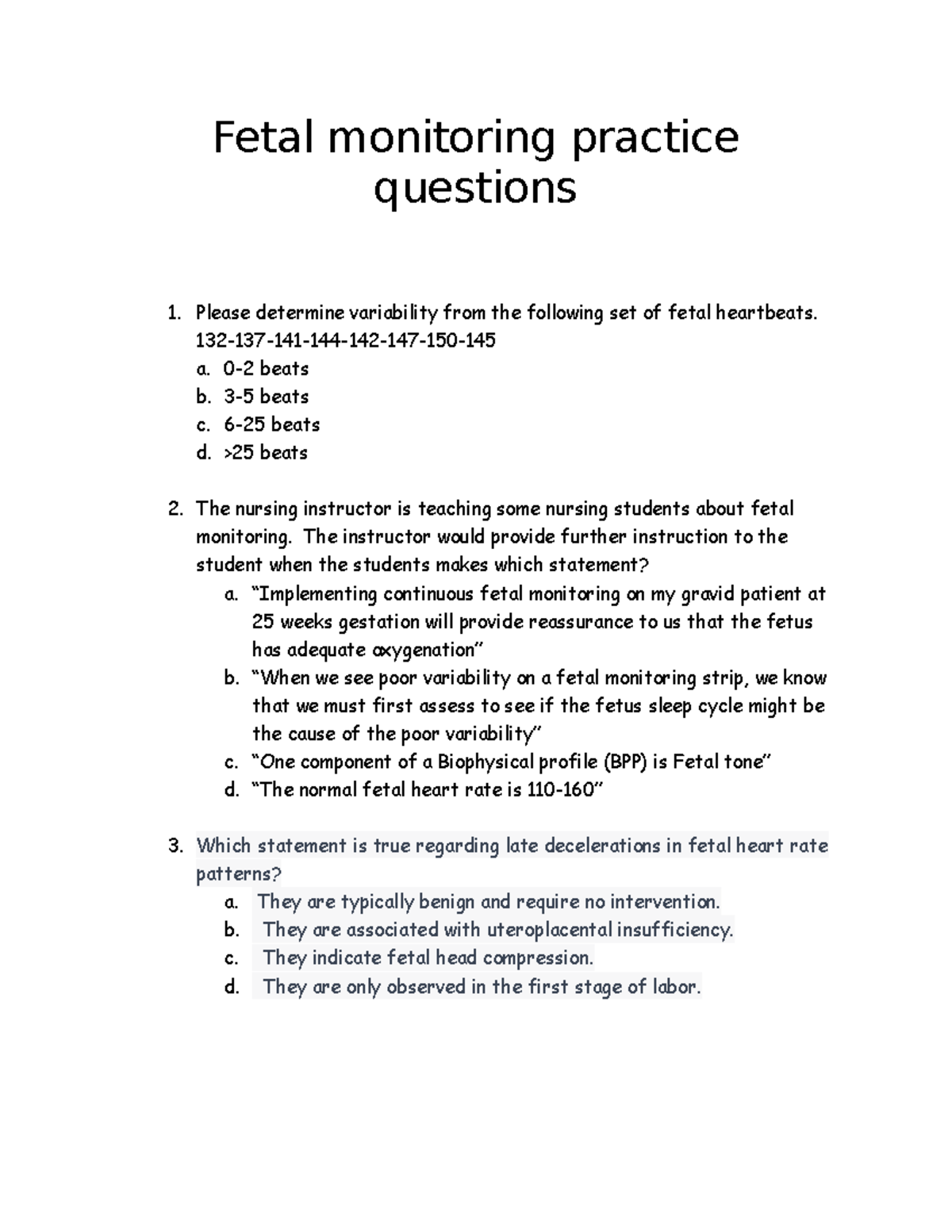 Fetal Monitoring Practice Questions for Nursing Students (NURS 101 ...