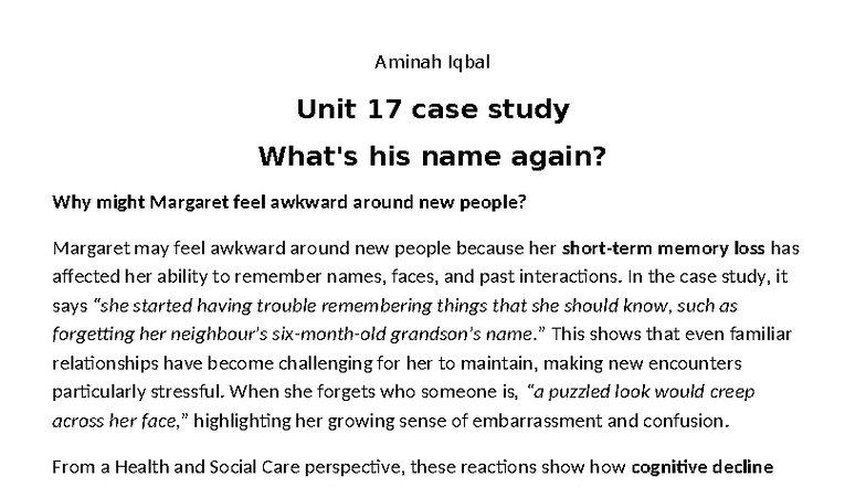 Unit 17 case study - margret case stufyt - Unit 17 case study What's ...