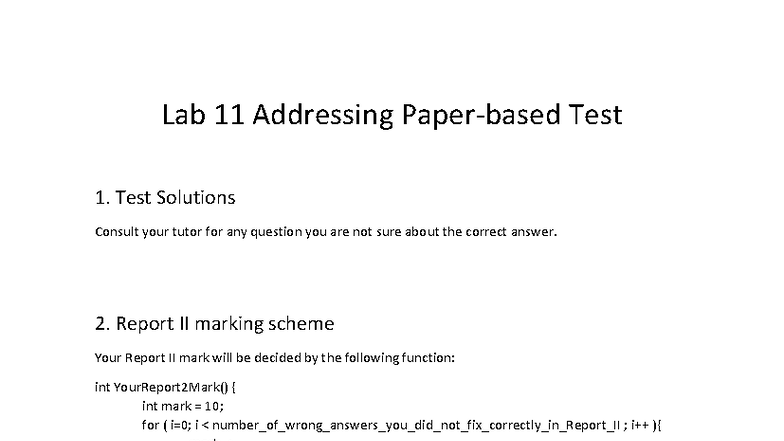 Lab 11 - Working on Report II Test Solutions and Marking Scheme - Studocu