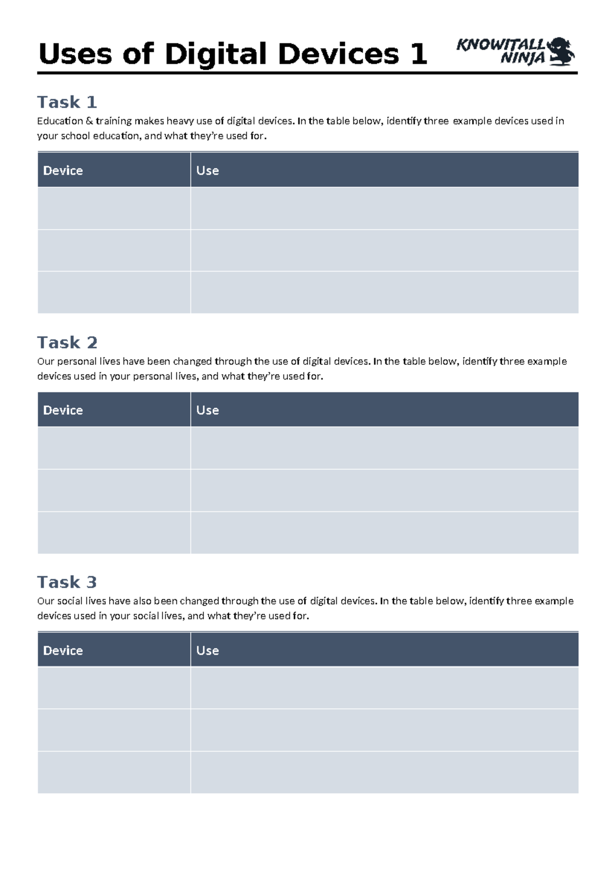 03 Uses of Digital Devices 1 - In the table below, identify three ...