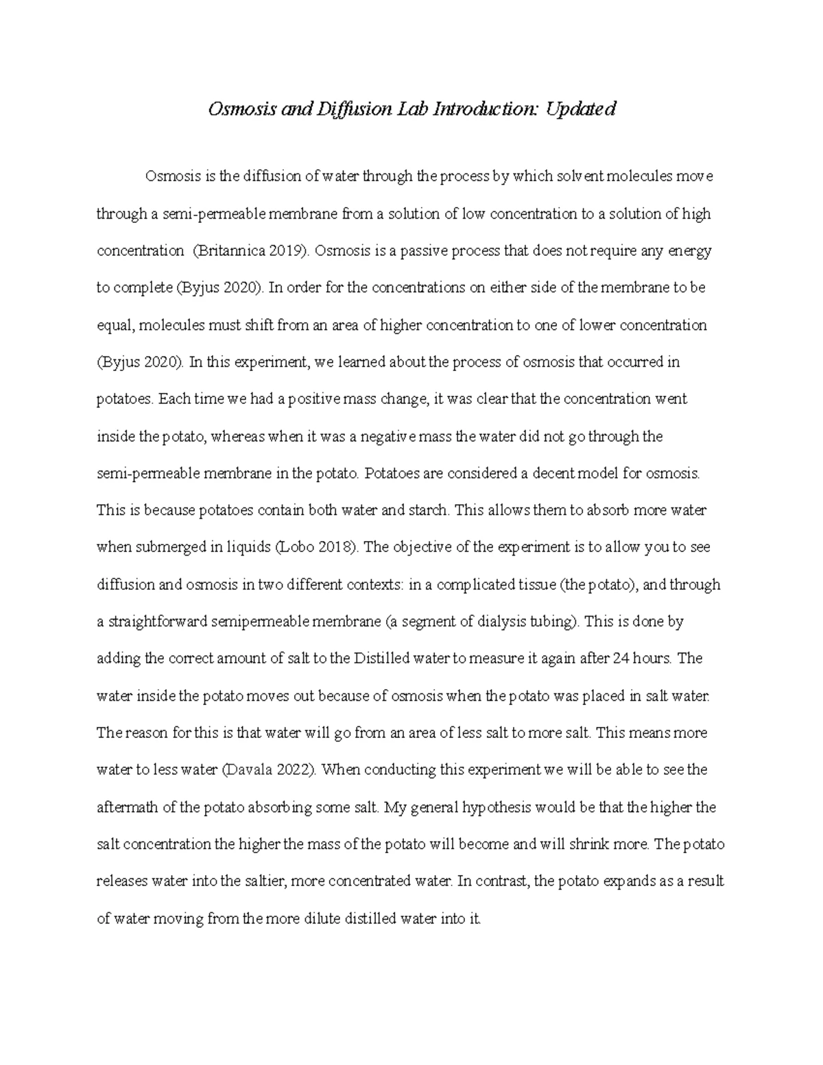 Osmosis Experiment Report - Analysis of Potato Cells (Bio 101 Prac ...