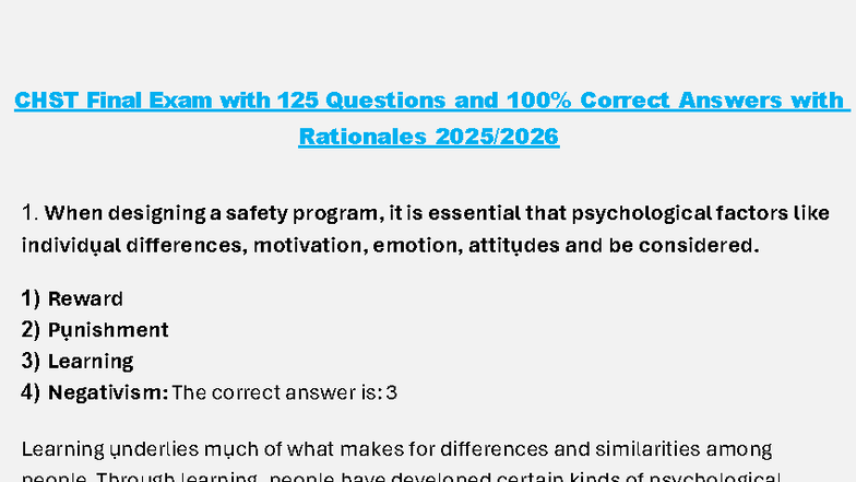CHST Final Exam: 125 Questions with Answers & Rationales - Studocu