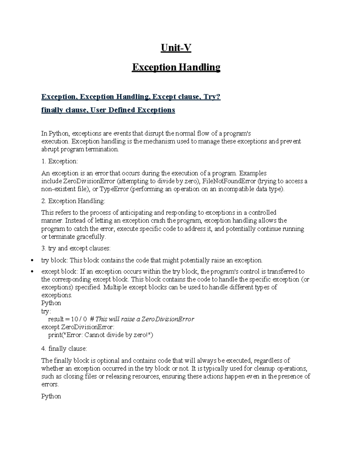 Unit 5 Notes: Exception Handling in Python for Data Analysis - Studocu