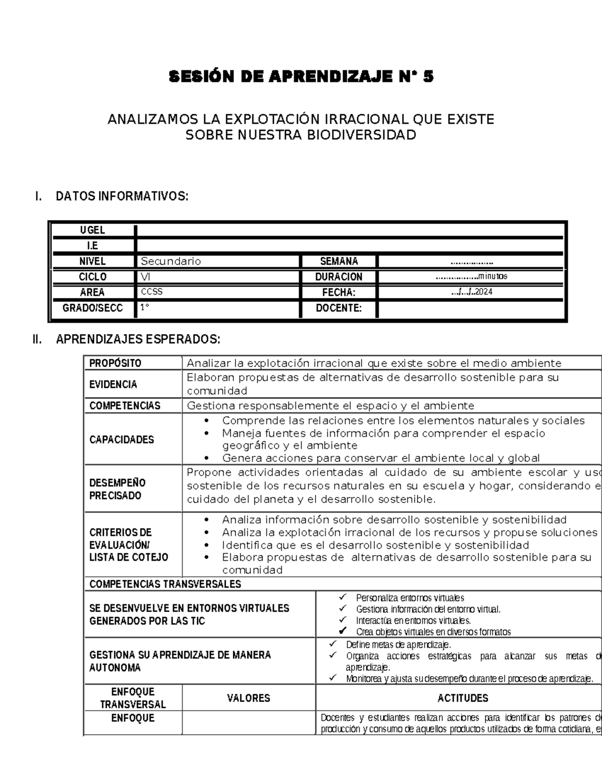 SESION DE APRENDIZAJE CCSS 1° SEC - SEMANA 05: BIODIVERSIDAD Y SOSTENIBILIDAD - Studocu