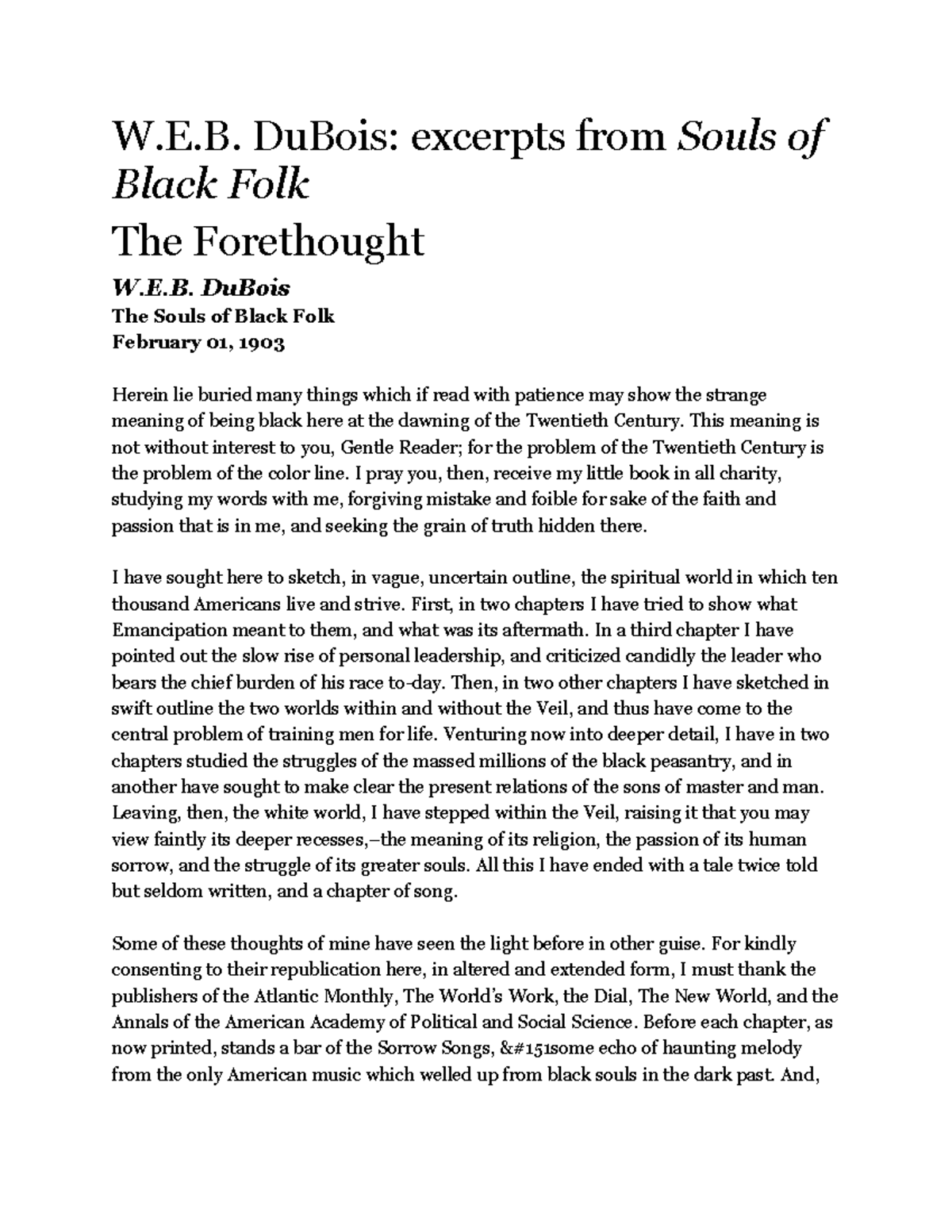 W.E.B. Du Bois: Excerpts & Analysis from "The Souls of Black Folk ...