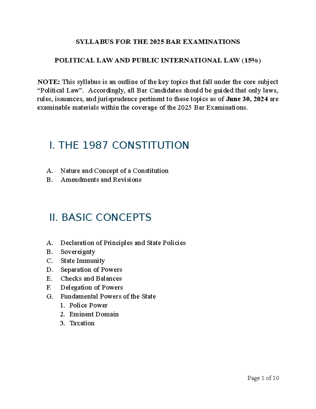 Syllabus Overview for Political Law & PIL - 2025 Bar Exams - Studocu