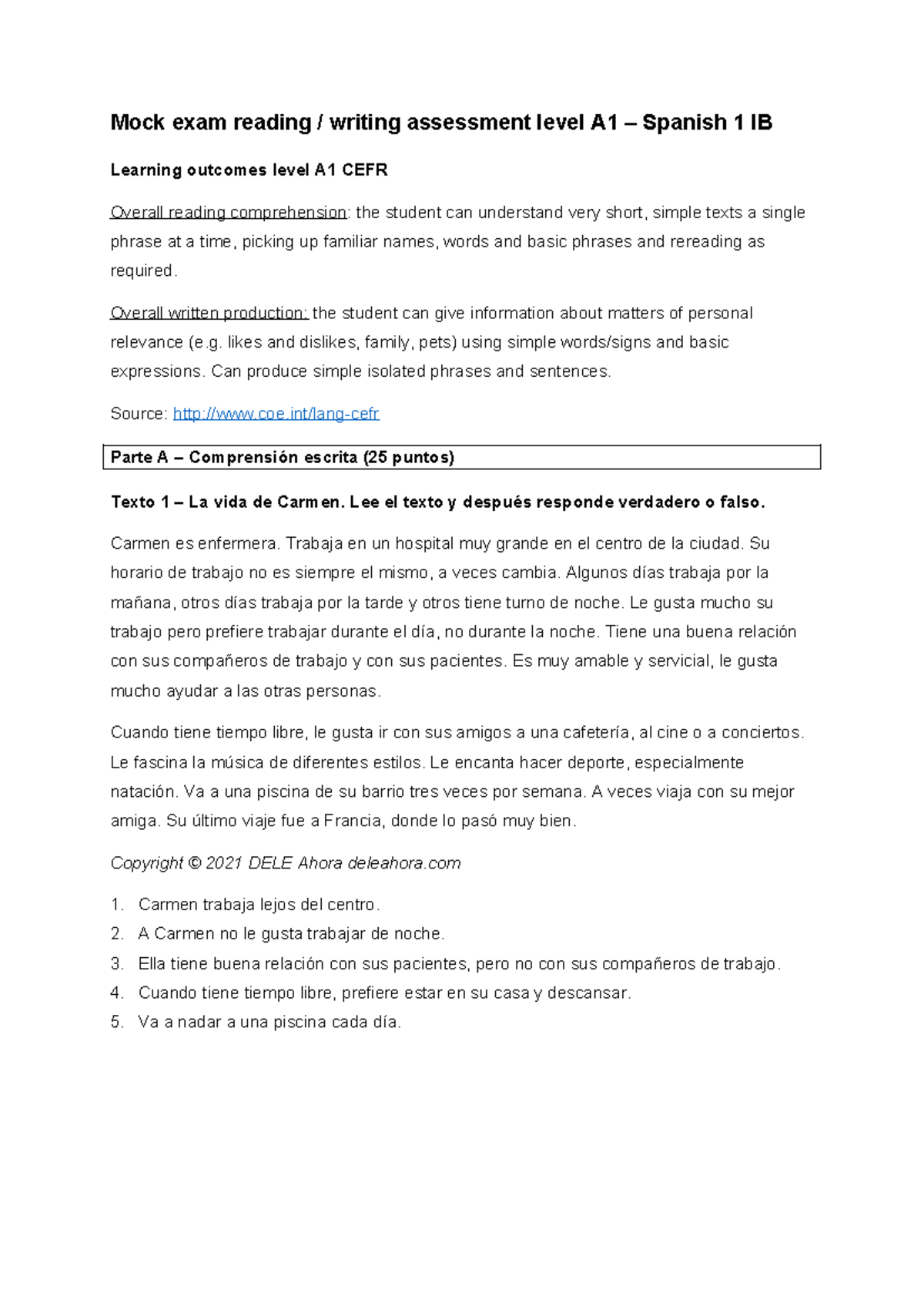 Examen de Prueba: Comprensión y Expresión Escrita A1 - Español 1 IB ...