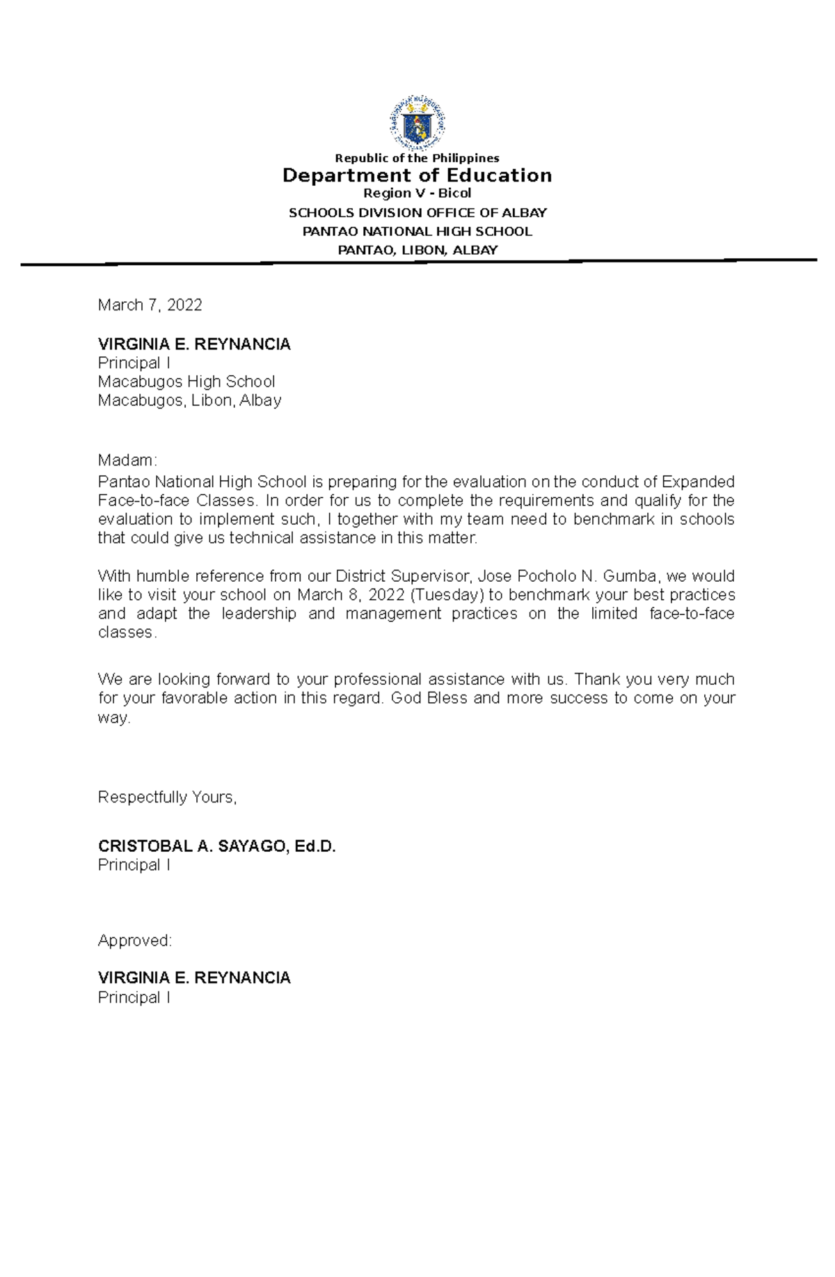 Benchmarking Request Letter for Face-to-Face Classes Evaluation - Studocu