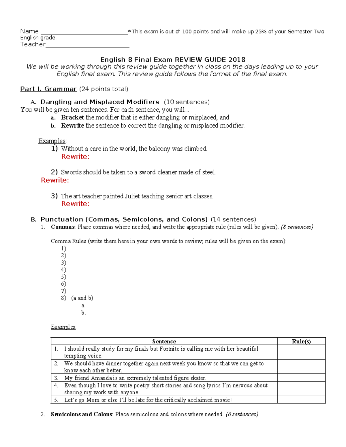 English 8 Final Exam Review Guide 2018: Grammar & Reading Tips - Studocu