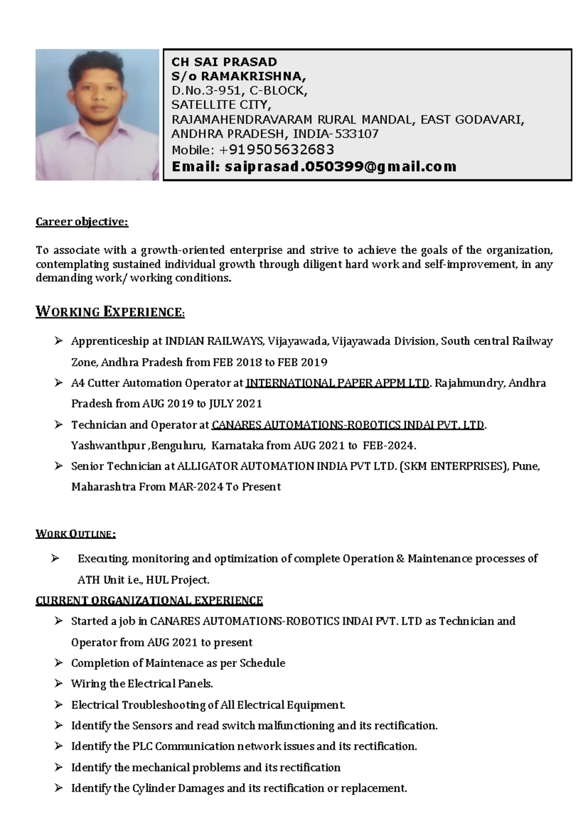 CH SAI PRASAD: Professional Resume & Work Experience Overview - Studocu