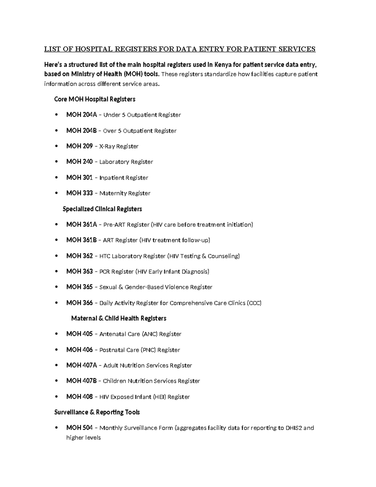 LIST OF MOH Hospital Registers for Patient Data Entry - Studocu