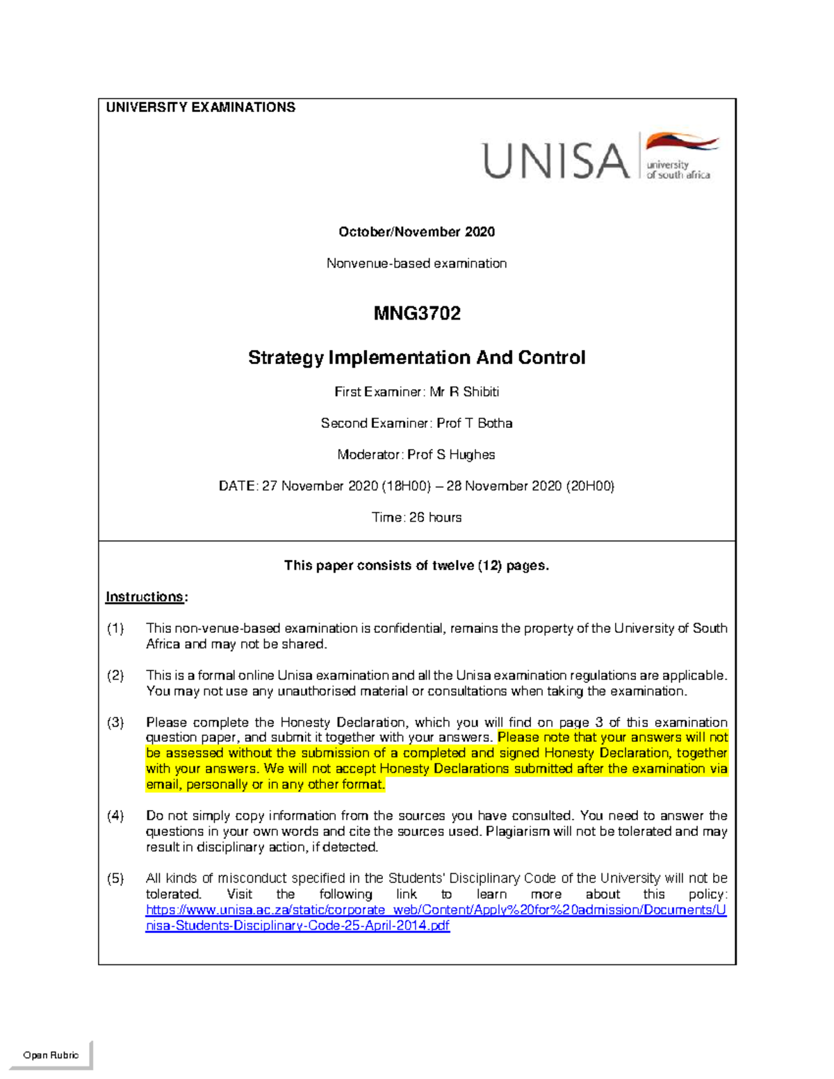 MNG3702 Final Exam: Strategy Implementation & Control Case Study ...