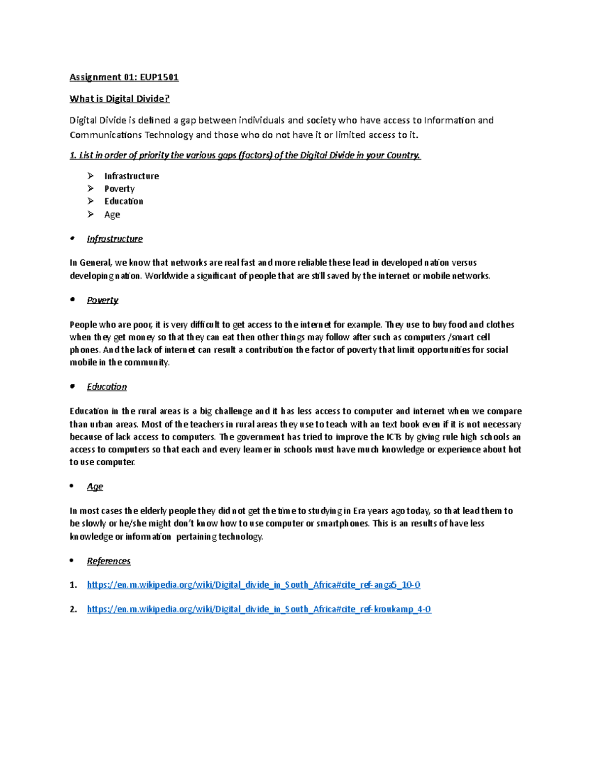 EUP1501 Assignment 1: Understanding the Digital Divide Factors - Studocu