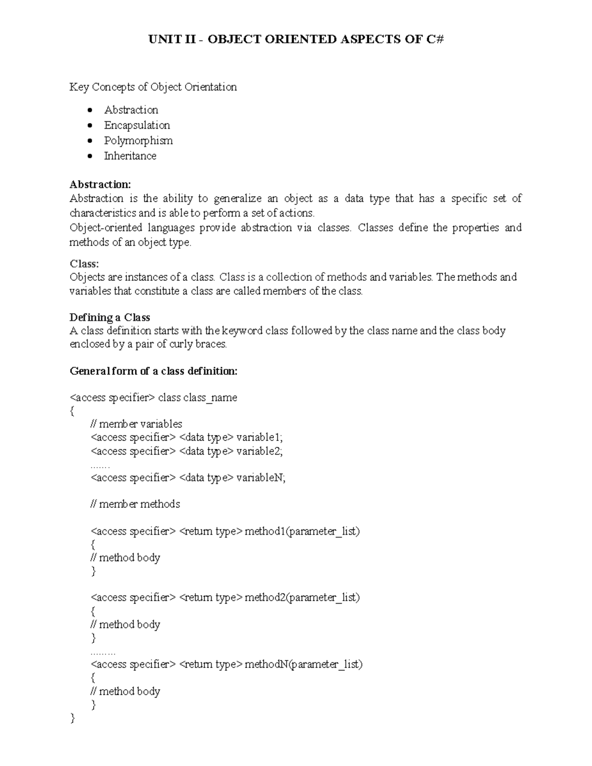 C# & DOT NET - UNIT II - Example - UNIT II - OBJECT ORIENTED ASPECTS OF ...