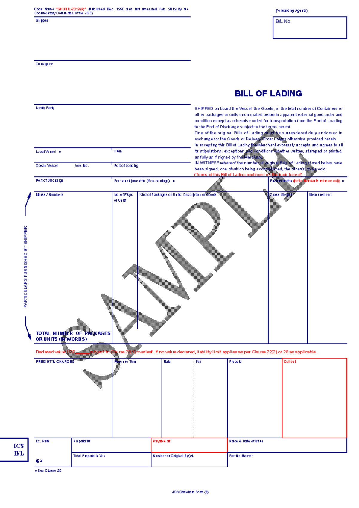 Bill of Lading - Shubil 2019 (A) Sample Document - Studocu