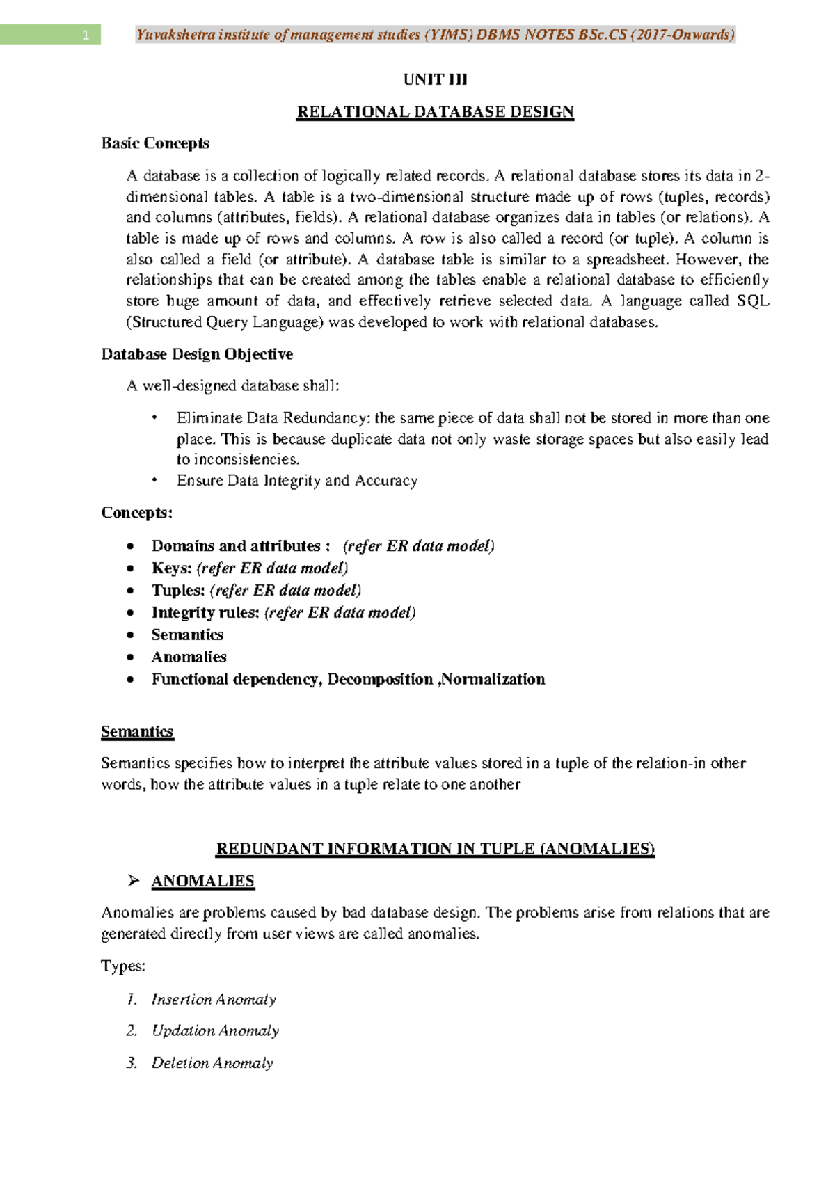 Dbms unit 3 - Database management system is a paper in bca course - UNIT III RELATIONAL DATABASE ...