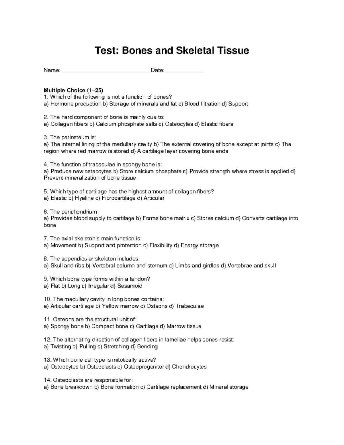 Bones and Skeletal Tissue Test: Multiple Choice & Short Answer - Studocu