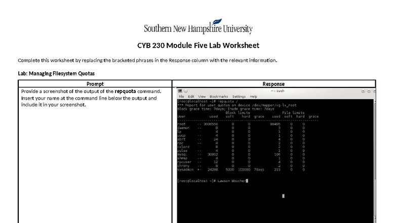 CYB 230 Module 5 Lab Worksheet: Filesystem Quotas & Active Directory ...