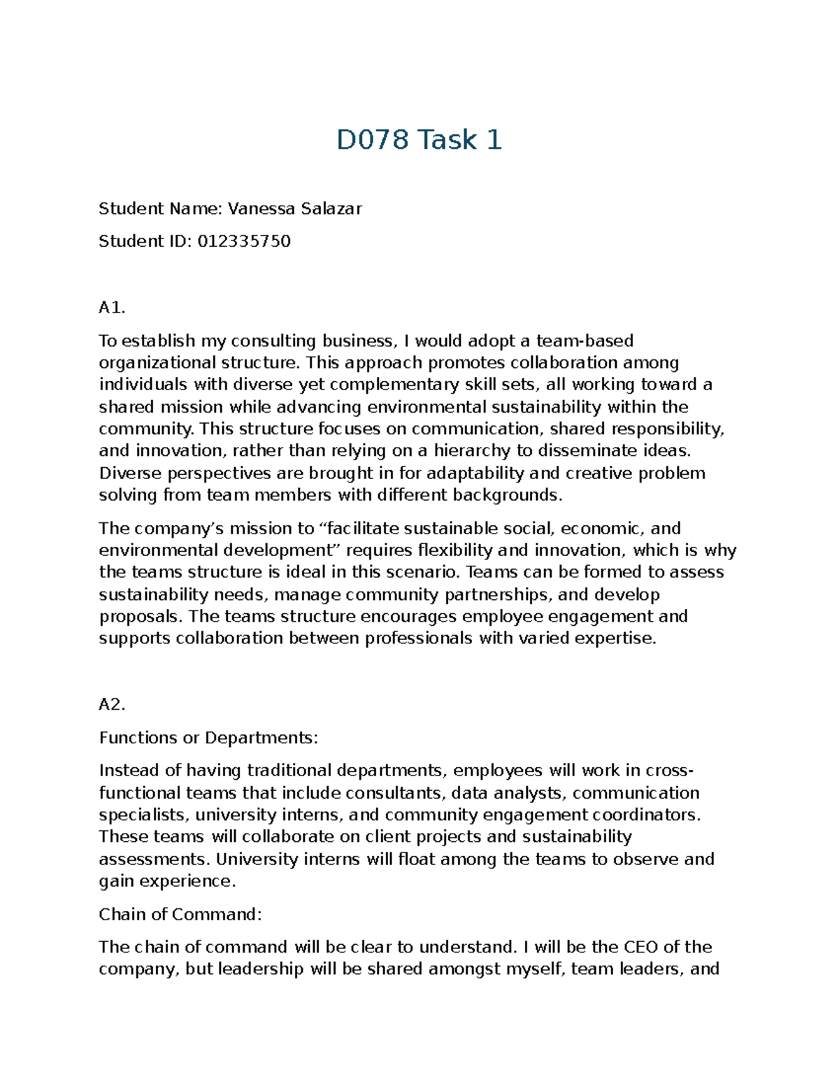 D078 Task 1: Consulting Business Structure for Sustainability - Studocu