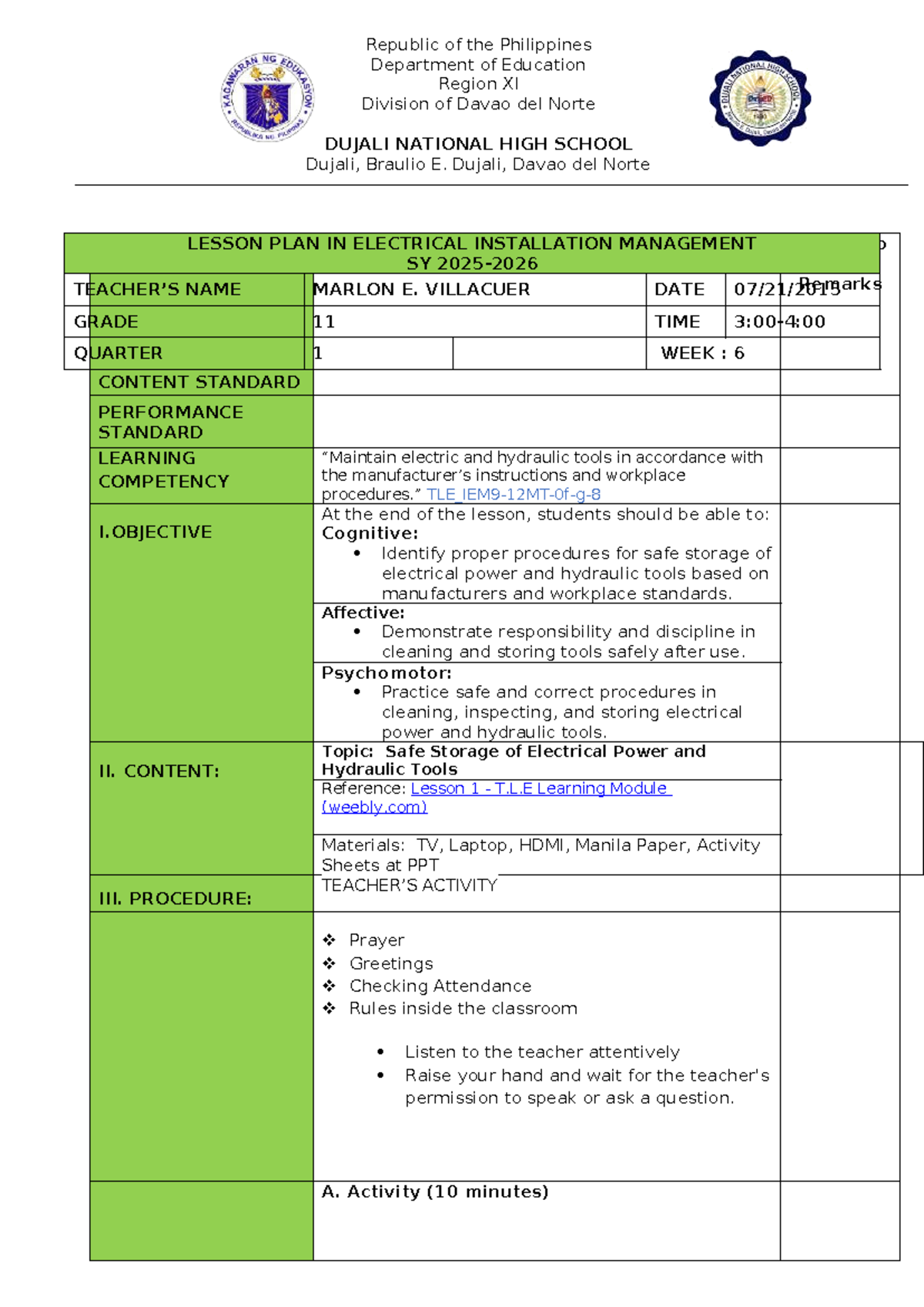 Grade 11 Lesson Plan: Safe Storage of Electrical Tools (TLE) - Studocu