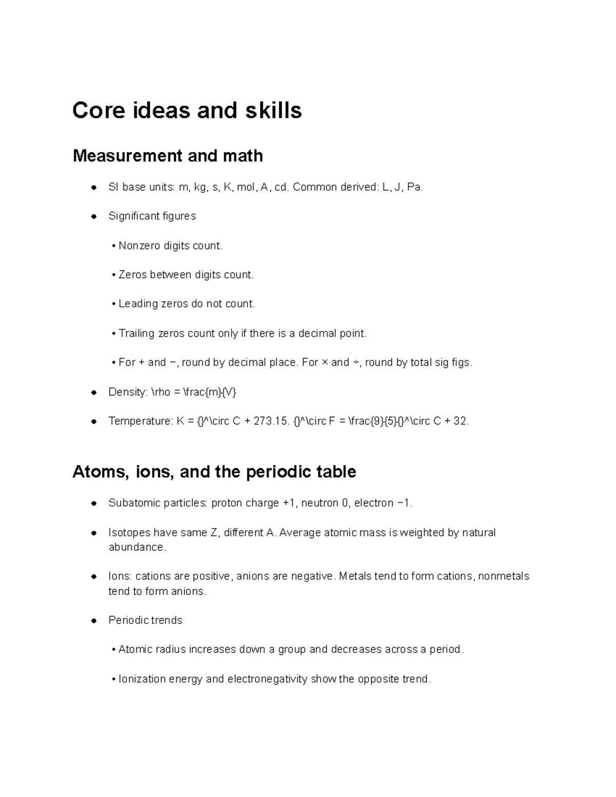 Chem 101: Comprehensive Notes on Measurement, Bonding, and ...