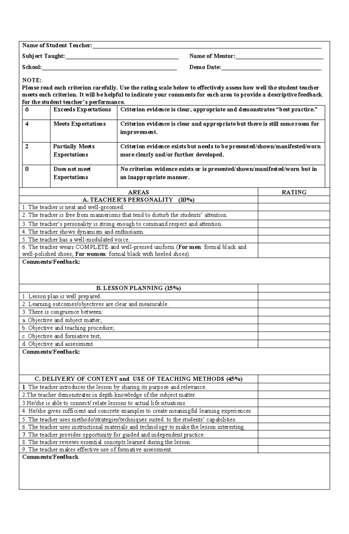 Observation Sheet for Demo Assessment Criteria - Studocu