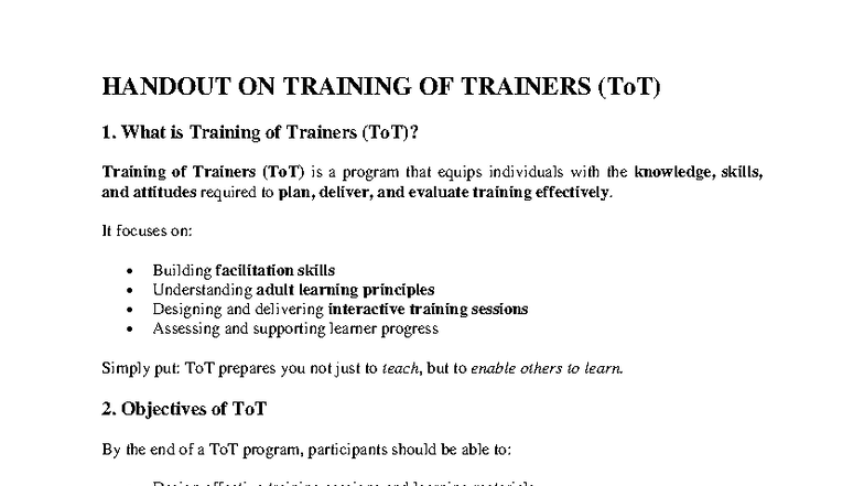 ToT Handout: Effective Training of Trainers Techniques and Principles ...