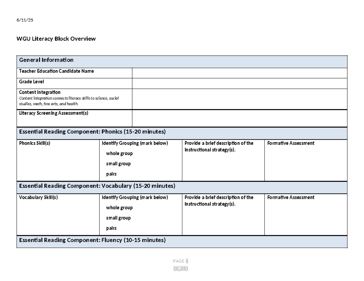 WGU Literacy Block Overview: Integrating Literacy Across Subjects - Studocu