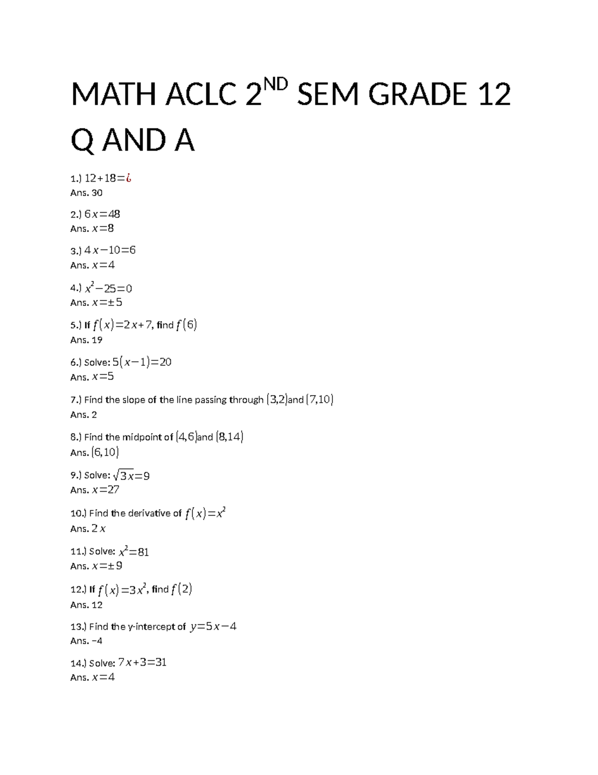 MATH ACLC 2ND SEM Grade 12 Q&A Solutions Part 3 - Studocu