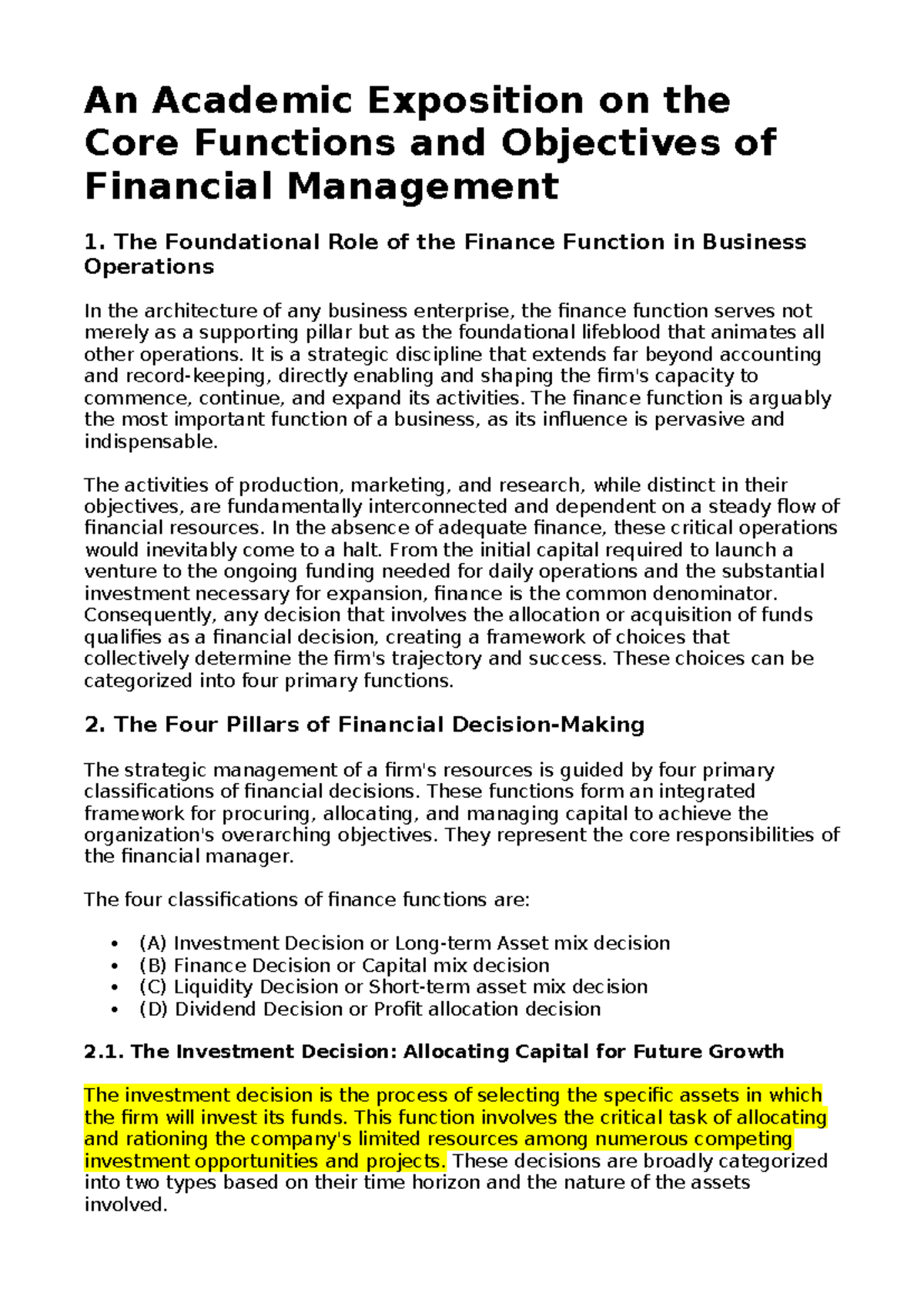 Lecture 2: Core Functions & Objectives of Financial Management (FIN 101 ...