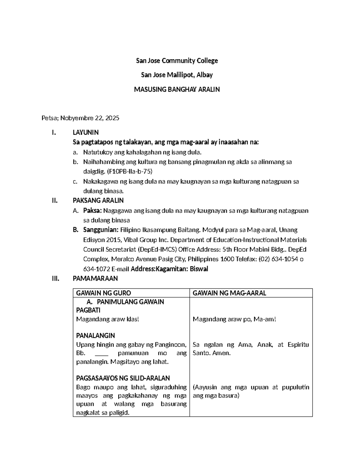 Banghay Aralin sa Filipino: Dula at Kultura (MASUSING BANGHAY ARALIN ...