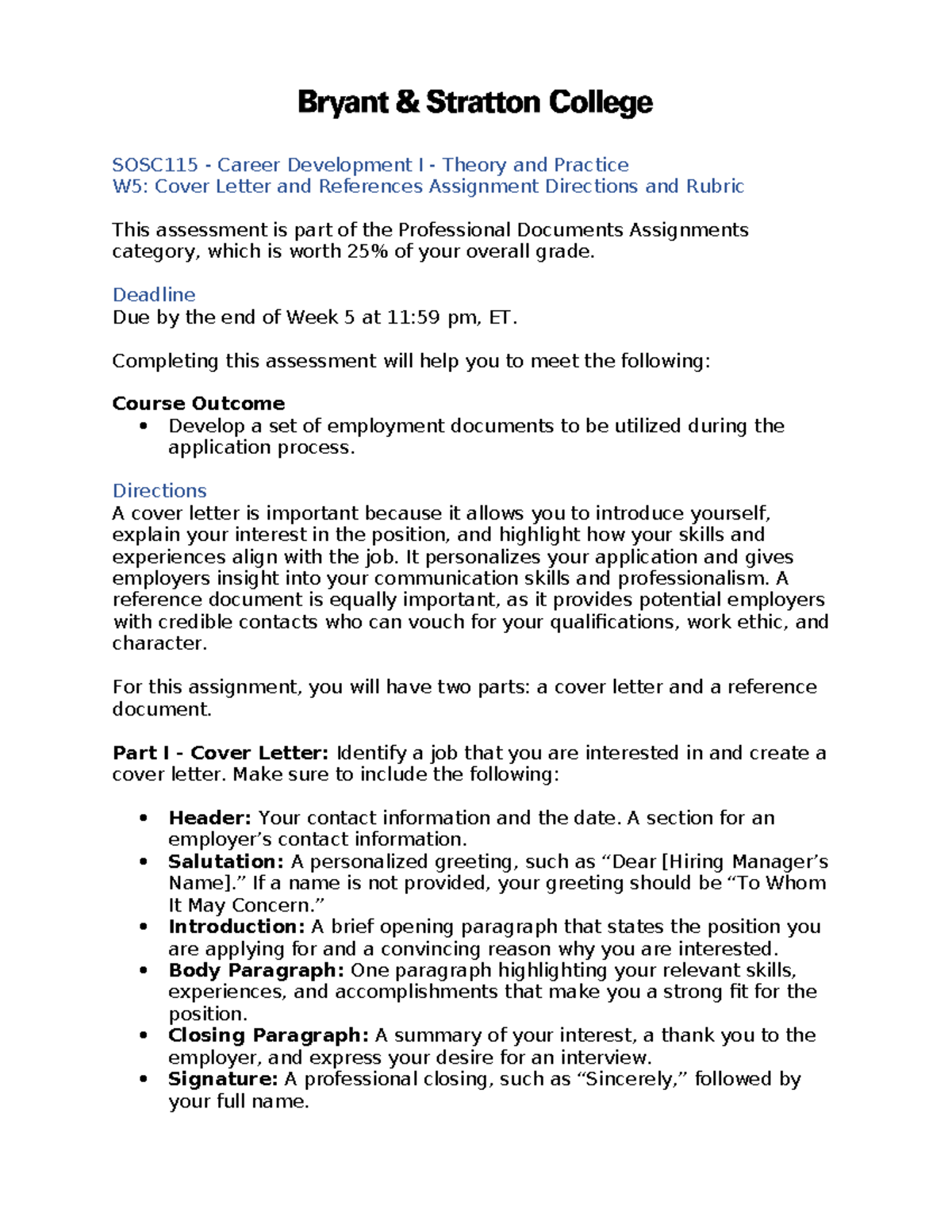 SOSC115 W5: Cover Letter & References Assignment Guide - Studocu