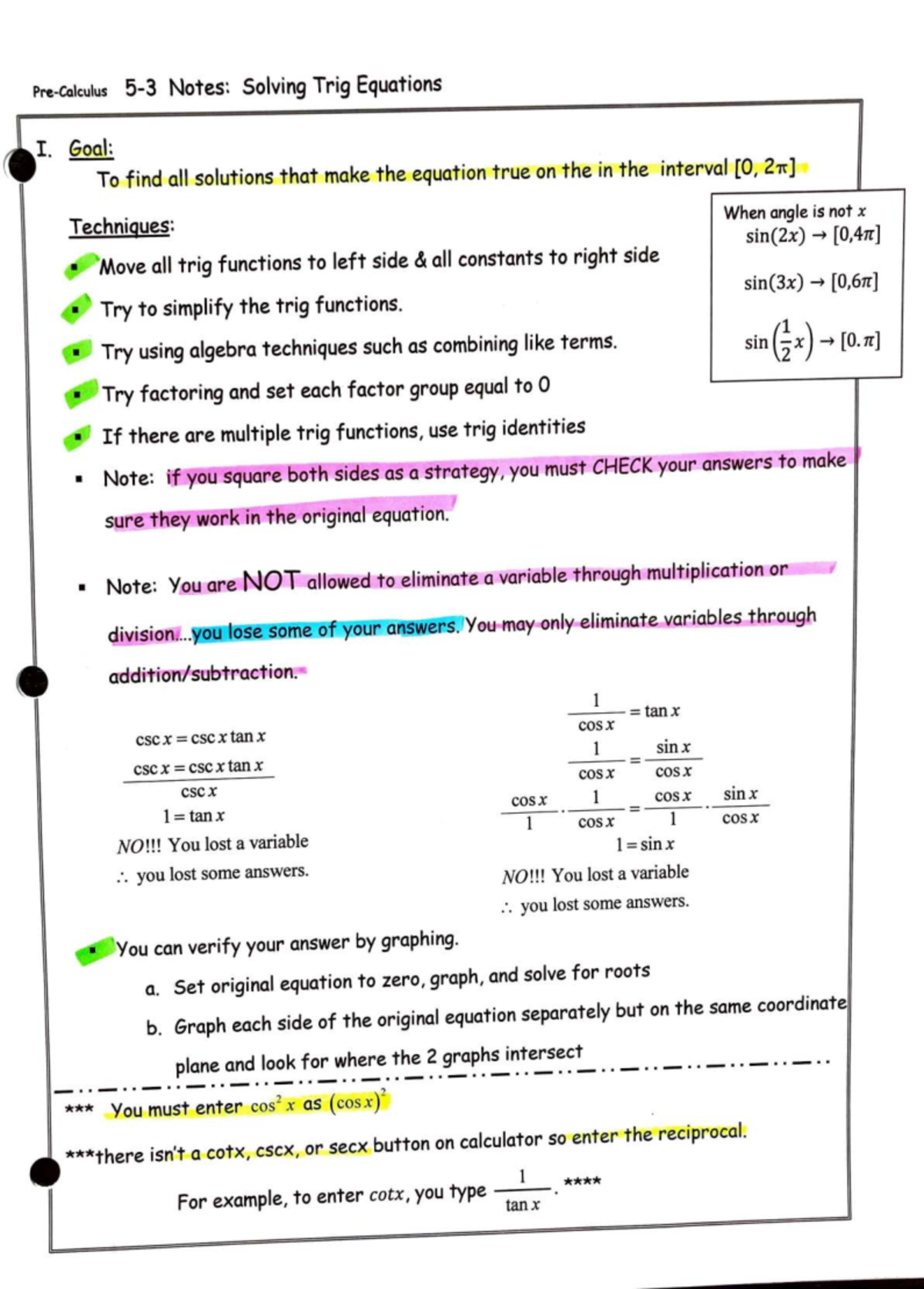 5-3+Notes+Solve+Trig+Equations+KEY - Pre-Calculus 5-3 Notes: Solving ...