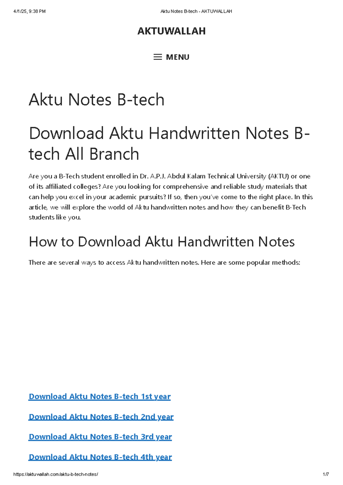AKTU B-Tech Handwritten Notes: Study Material for M.Tech Success - Studocu
