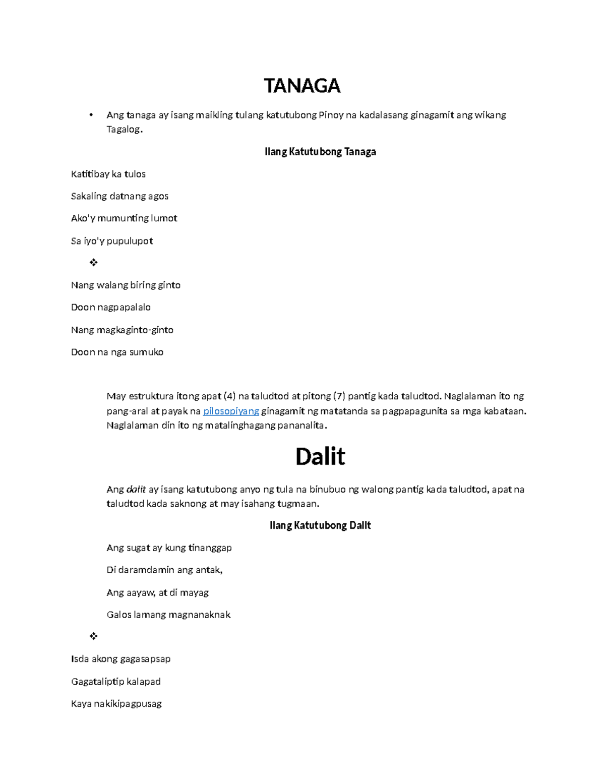 Tanaga at Dalit: Ipinapahayag ang Kahalagahan ng Tulang Pilipino - Studocu