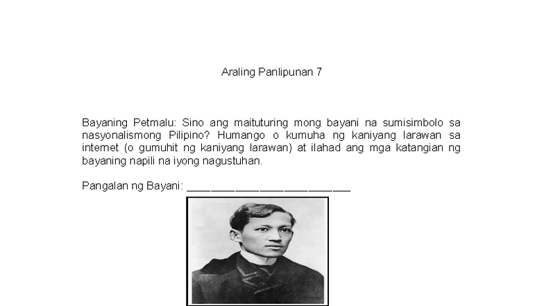 Araling Panlipunan 7 - AP 7 assignment - Araling Panlipunan 7 Bayaning ...