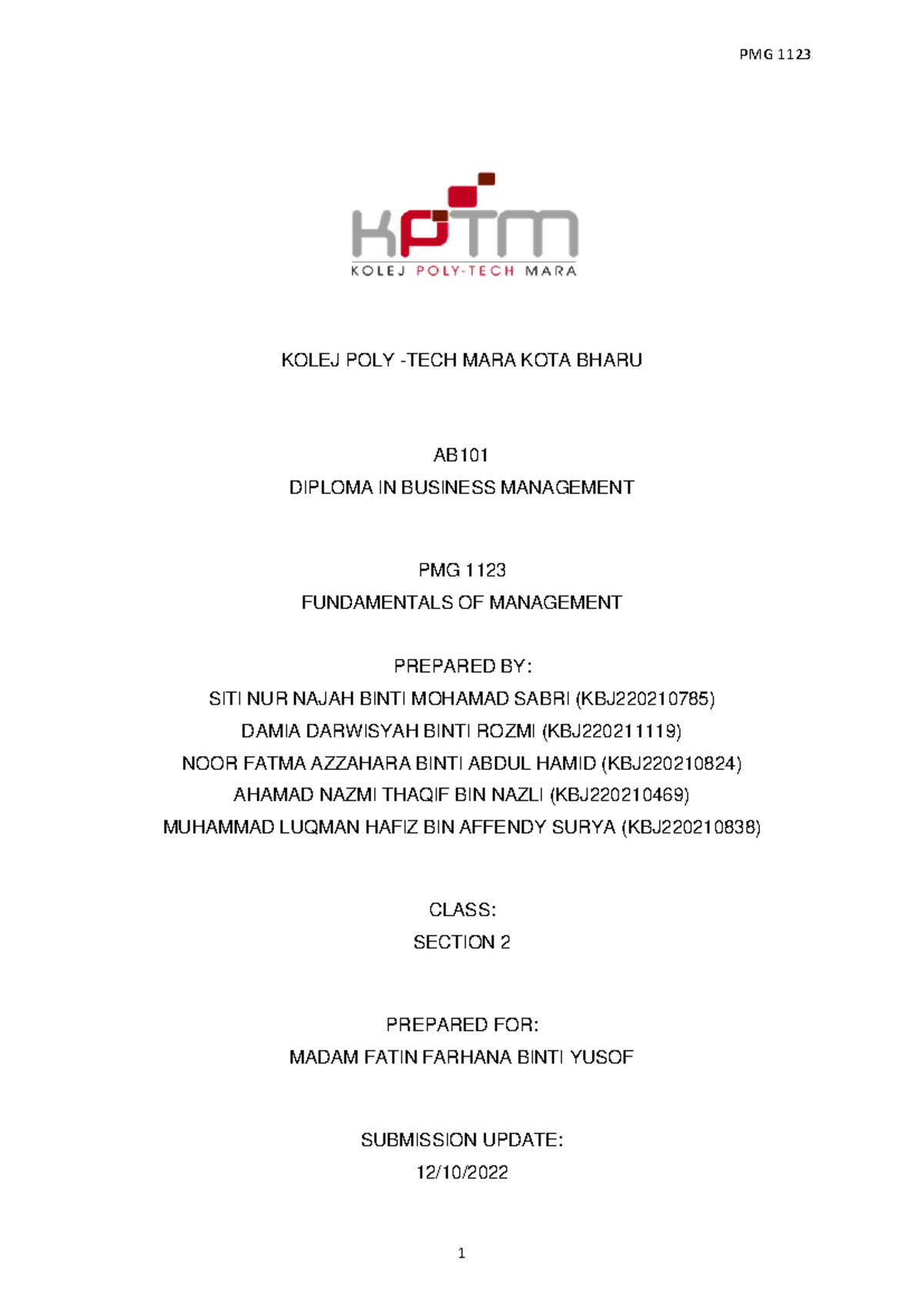 Assignment PMG - for information - KOLEJ POLY -TECH MARA KOTA BHARU AB ...